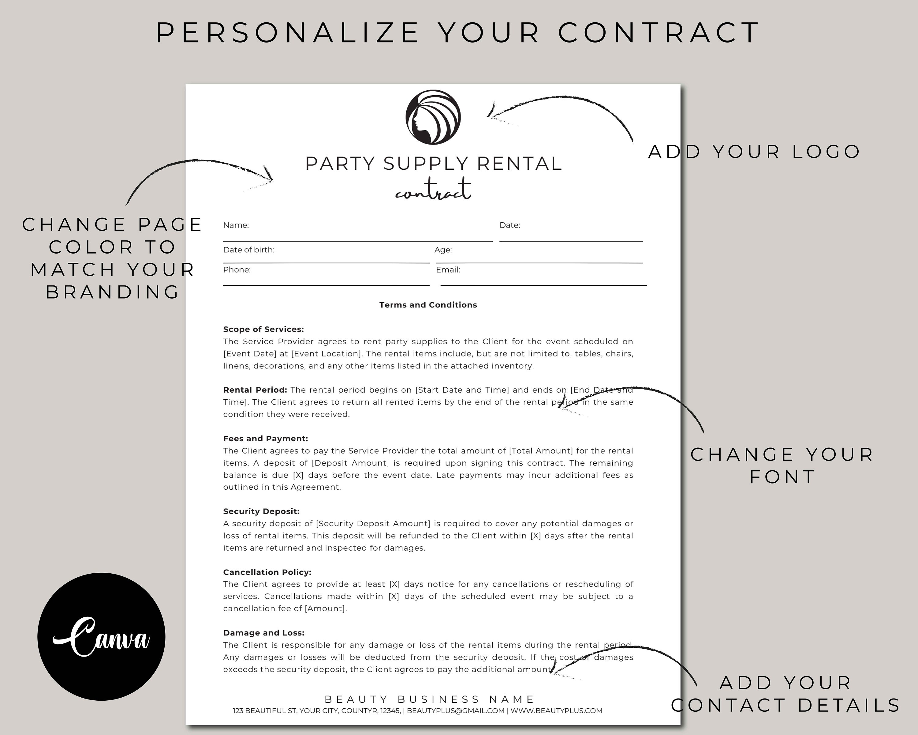 Party Supply Rental Contract, Party Rental Client Intake, Party Rental ...