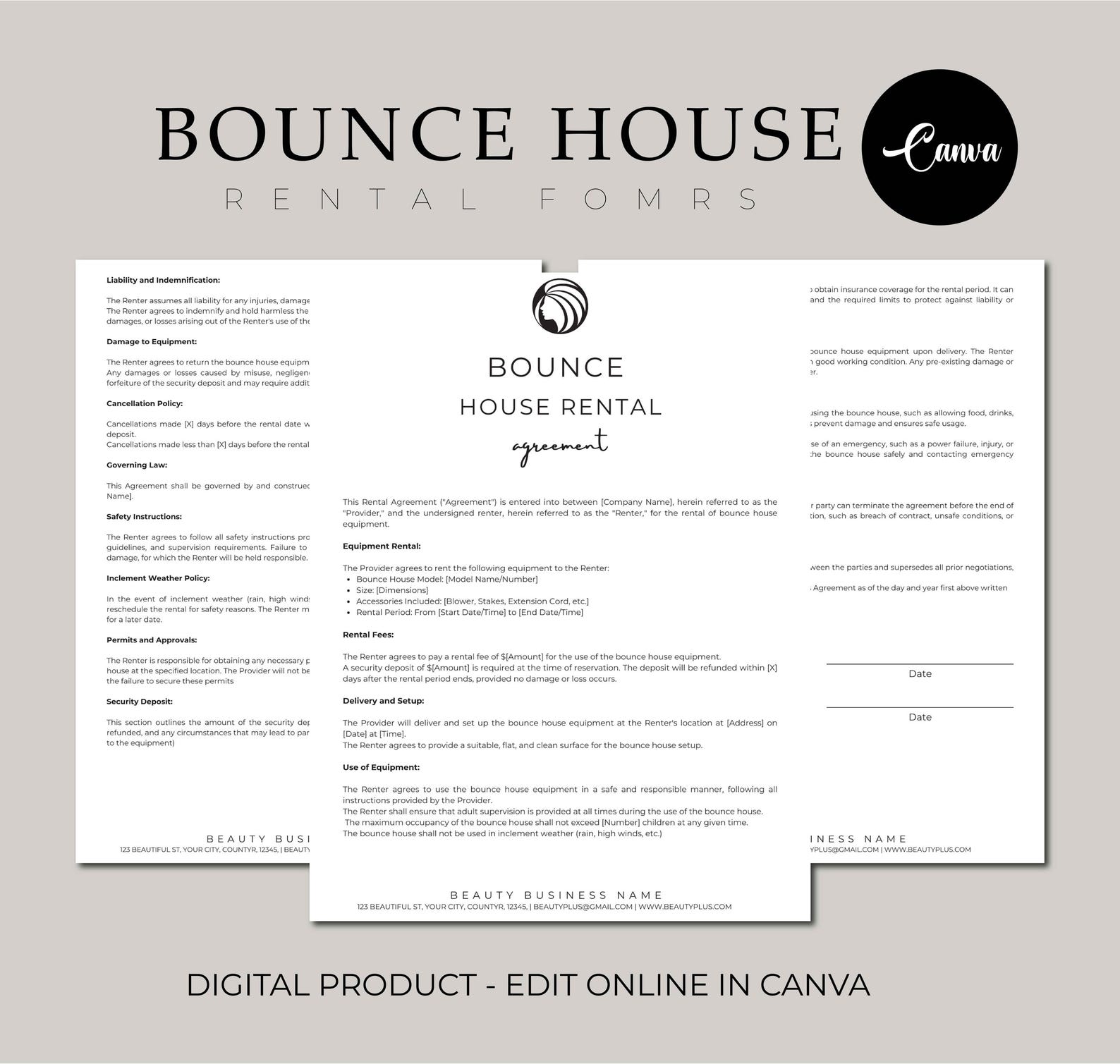 Bounce House Rental Contract Agreement Template, Invoice, Receipts ...