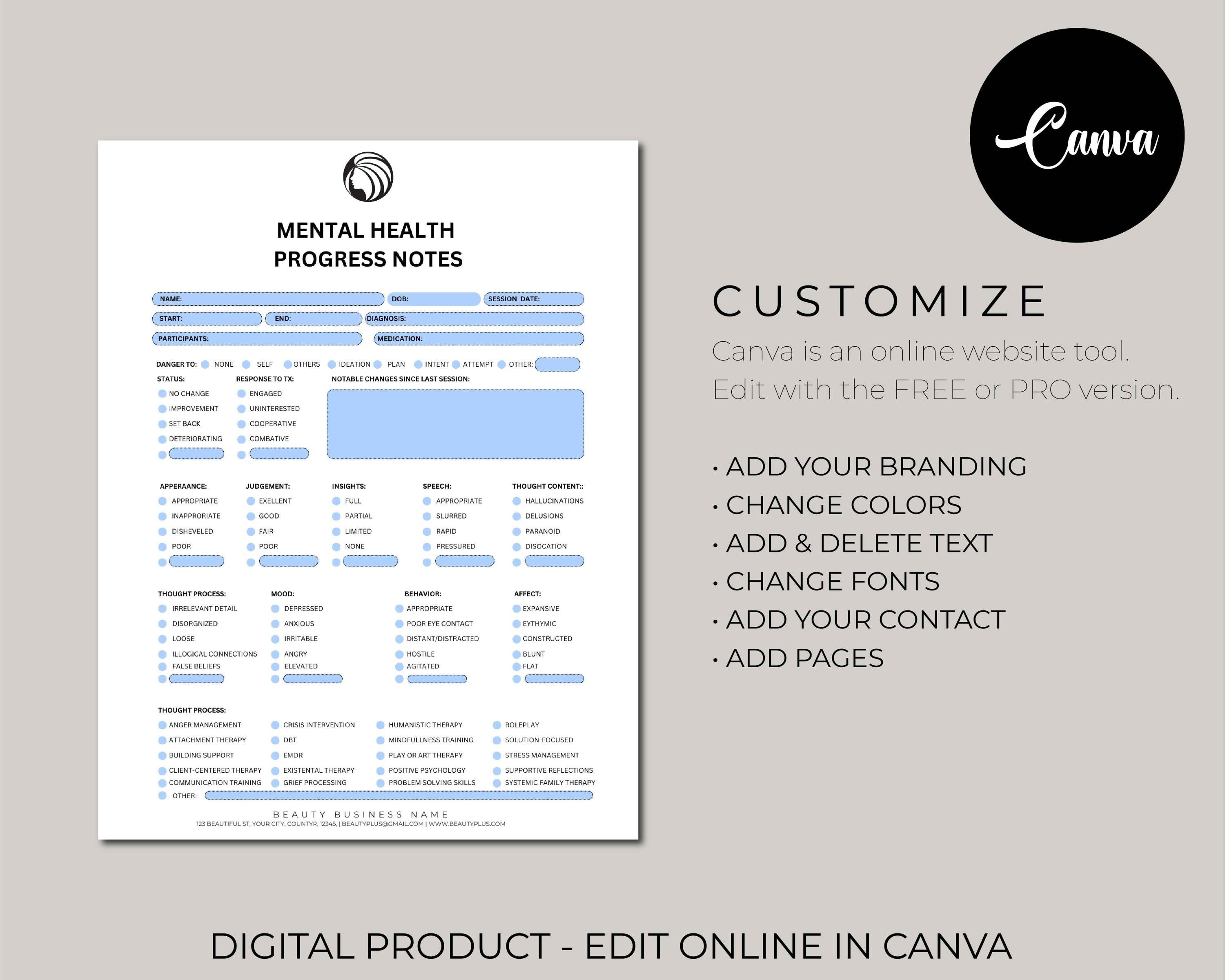 Canva Mental Progress Note Template, Counseling Therapy Note, Therapy ...