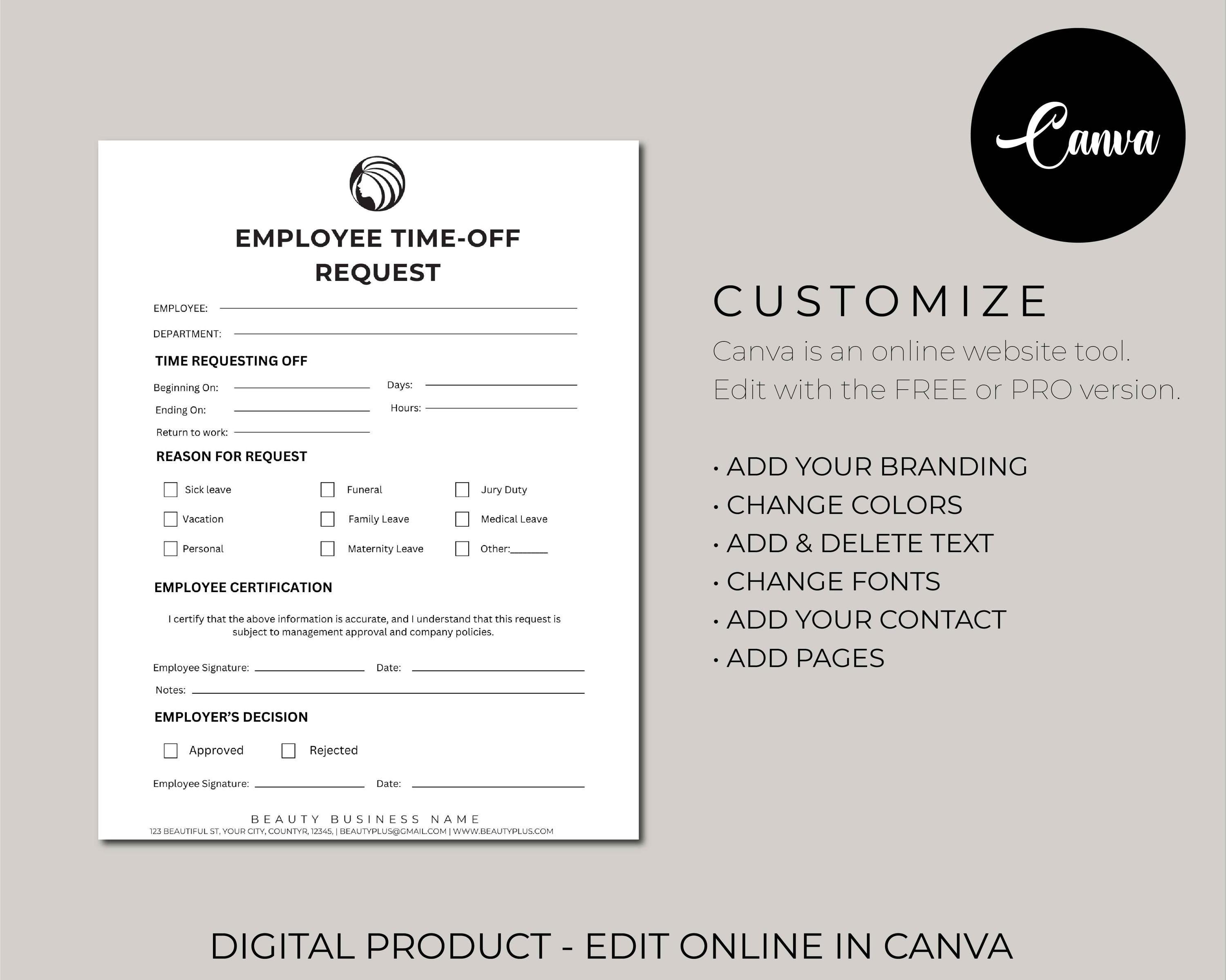 Employee Time-off Request Template, Vacation Request Form, PTO Request ...