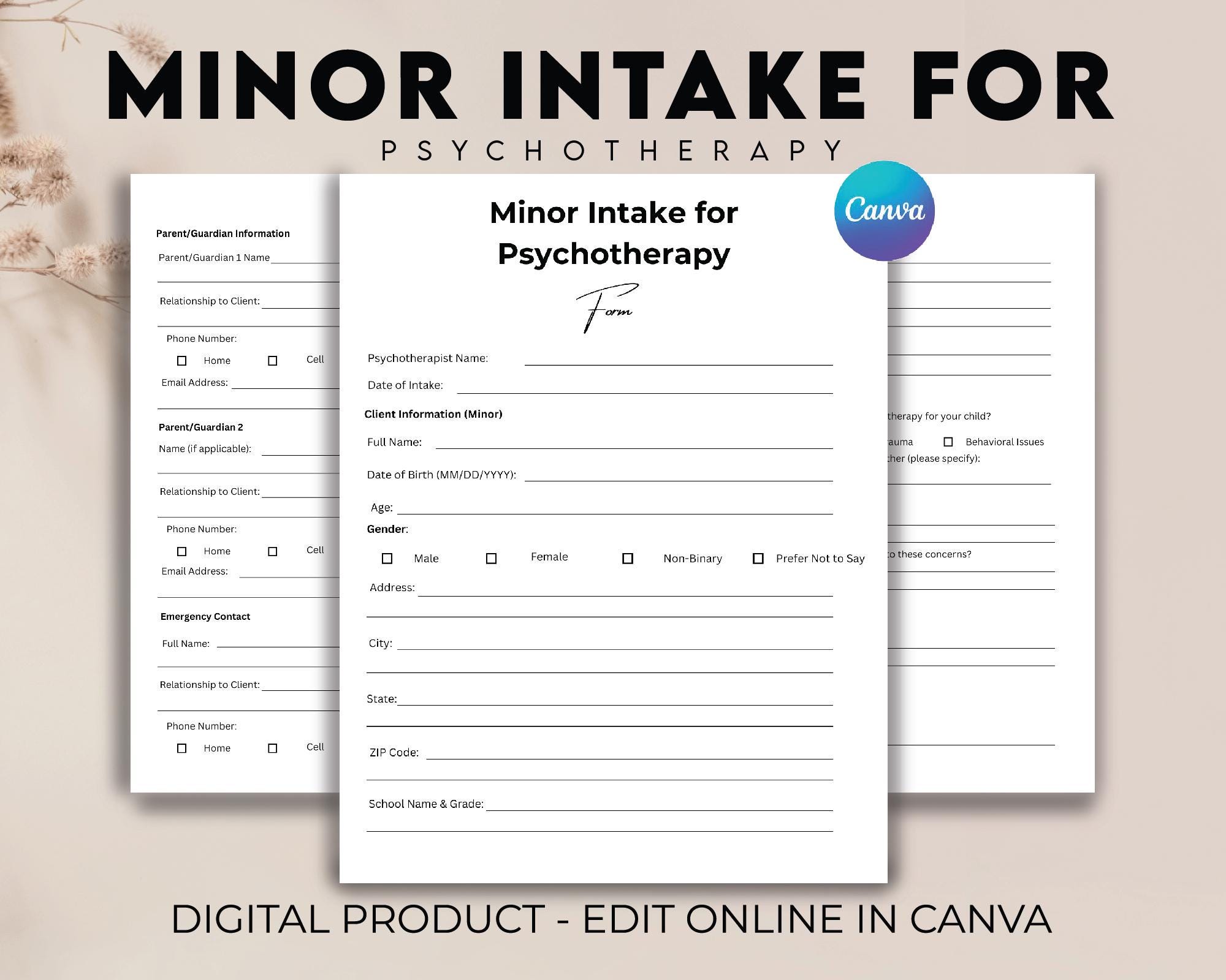 Minor Intake Form Template for Psychotherapists, Minor Consent Form ...