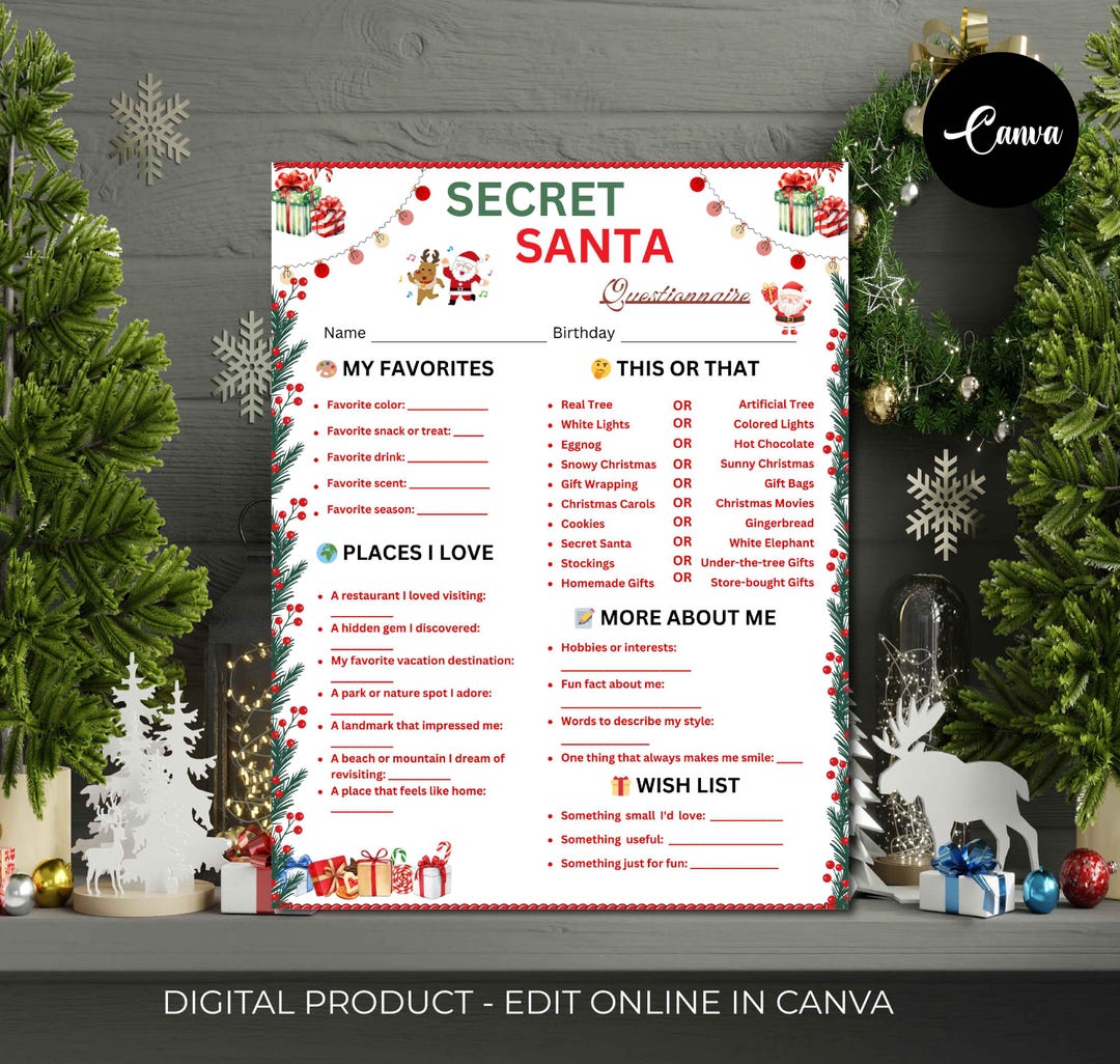 Editable Secret Santa Questionnaire, Gift Exchange Form, Christmas ...