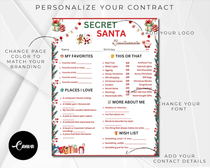 Editable Secret Santa Questionnaire, Gift Exchange Form, Christmas ...
