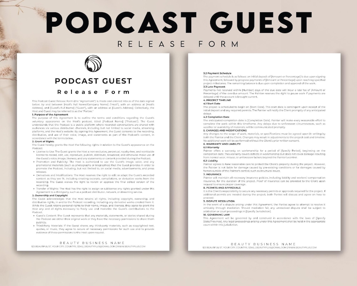 Podcast Guest Release Form, Podcast Guest Contract, Release Form ...