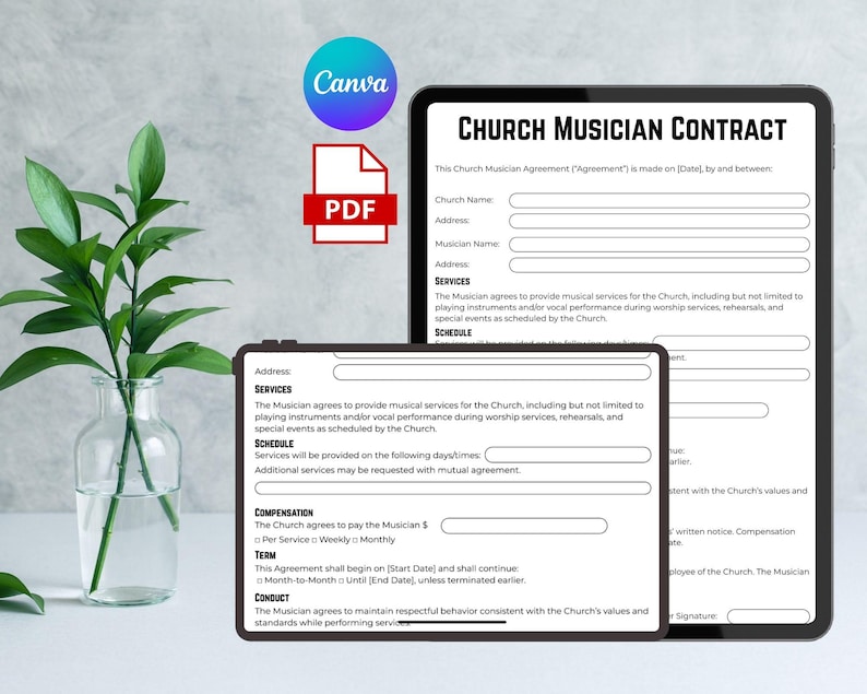 Editable Church Musician Contract, Printable Agreement for Choir Form ...