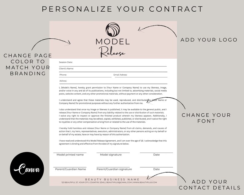 Model Release Form Template, Minor Model Release Form, Canva Template ...