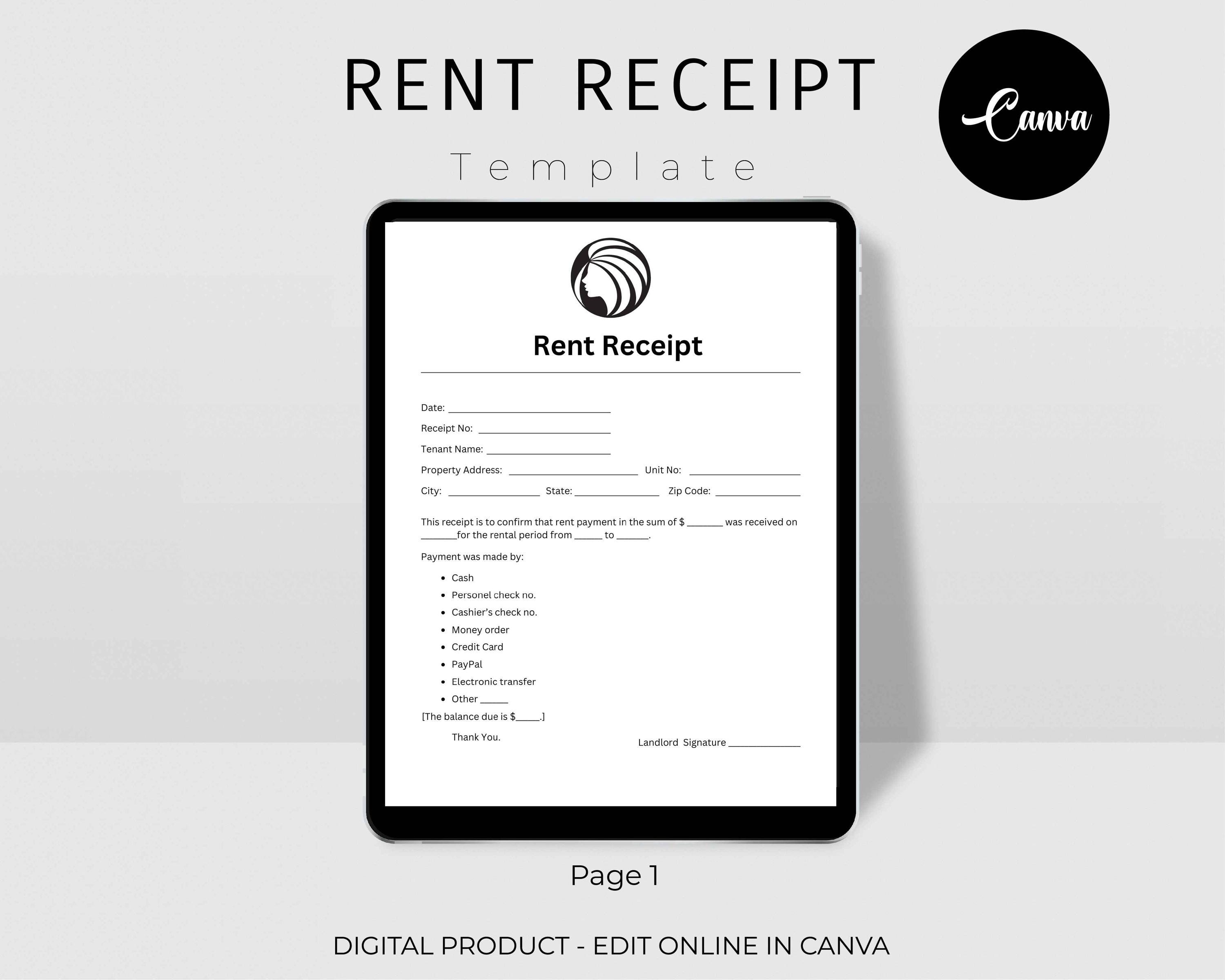 Editable Printable Rent Receipt Form, Landlord Rent Receipt Template ...