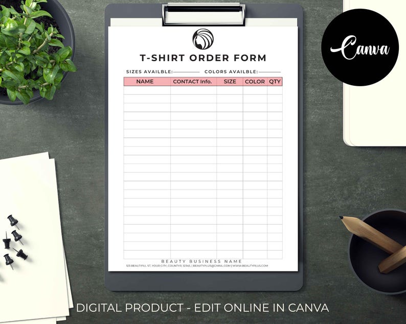 Editable Shirt Order Form Template, Printable Tshirt Order Forms ...