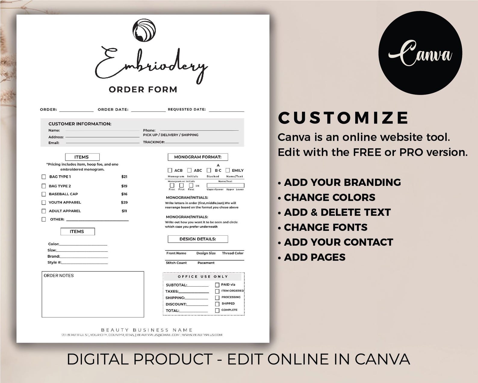 Embroidery Order Form Template, Custom Embroidery Order Form ...
