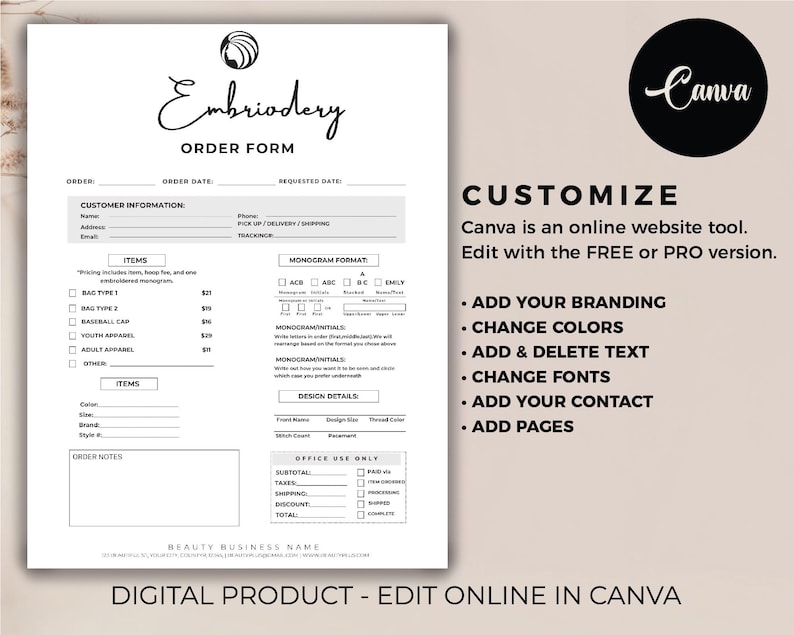 Embroidery Order Form Template, Custom Embroidery Order Form ...