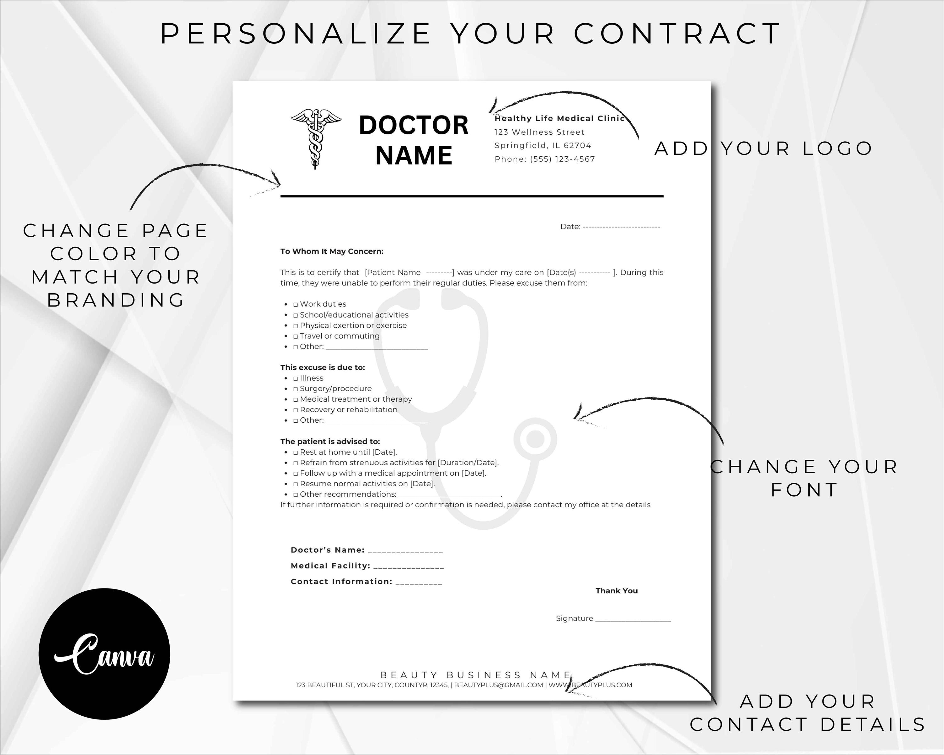 Editable Doctor Excuse Note for Work, Doctor Excuse Letter Form, School ...