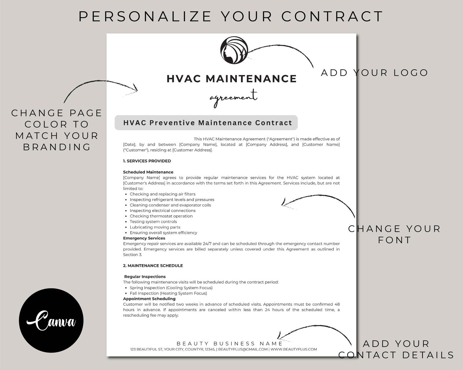 Editable HVAC Service Agreement, HVAC Service Agreement Forms, Service ...