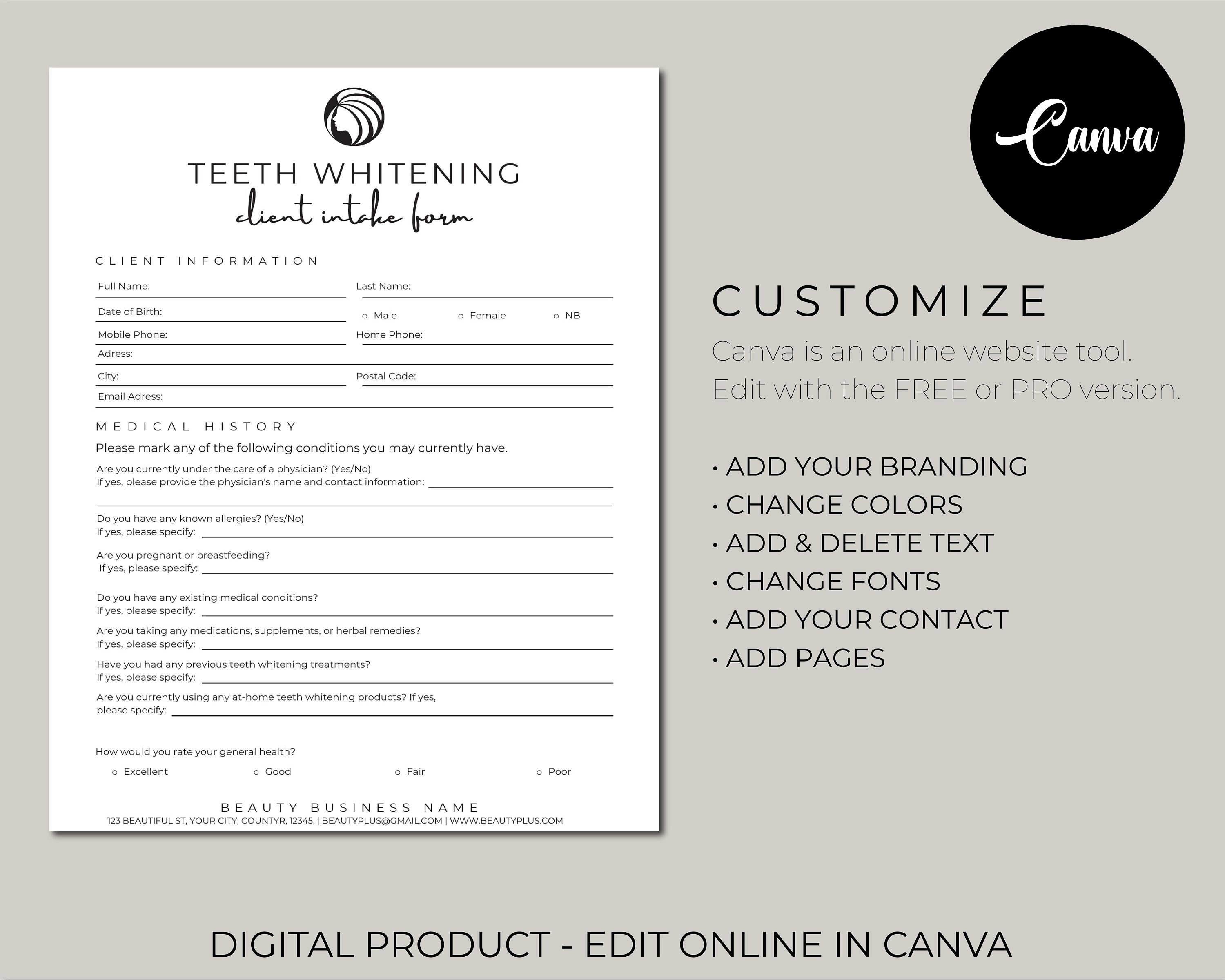 Teeth Whitening Forms Bundle - Editable Templates!, Teeth Whitening ...