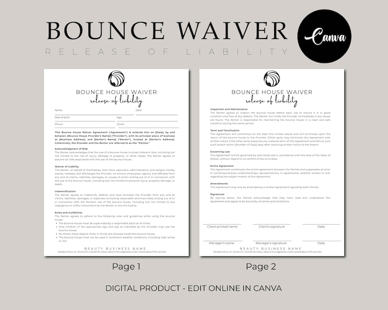 Bounce House Waiver Forms, Editable and Printable, Release of Liability ...