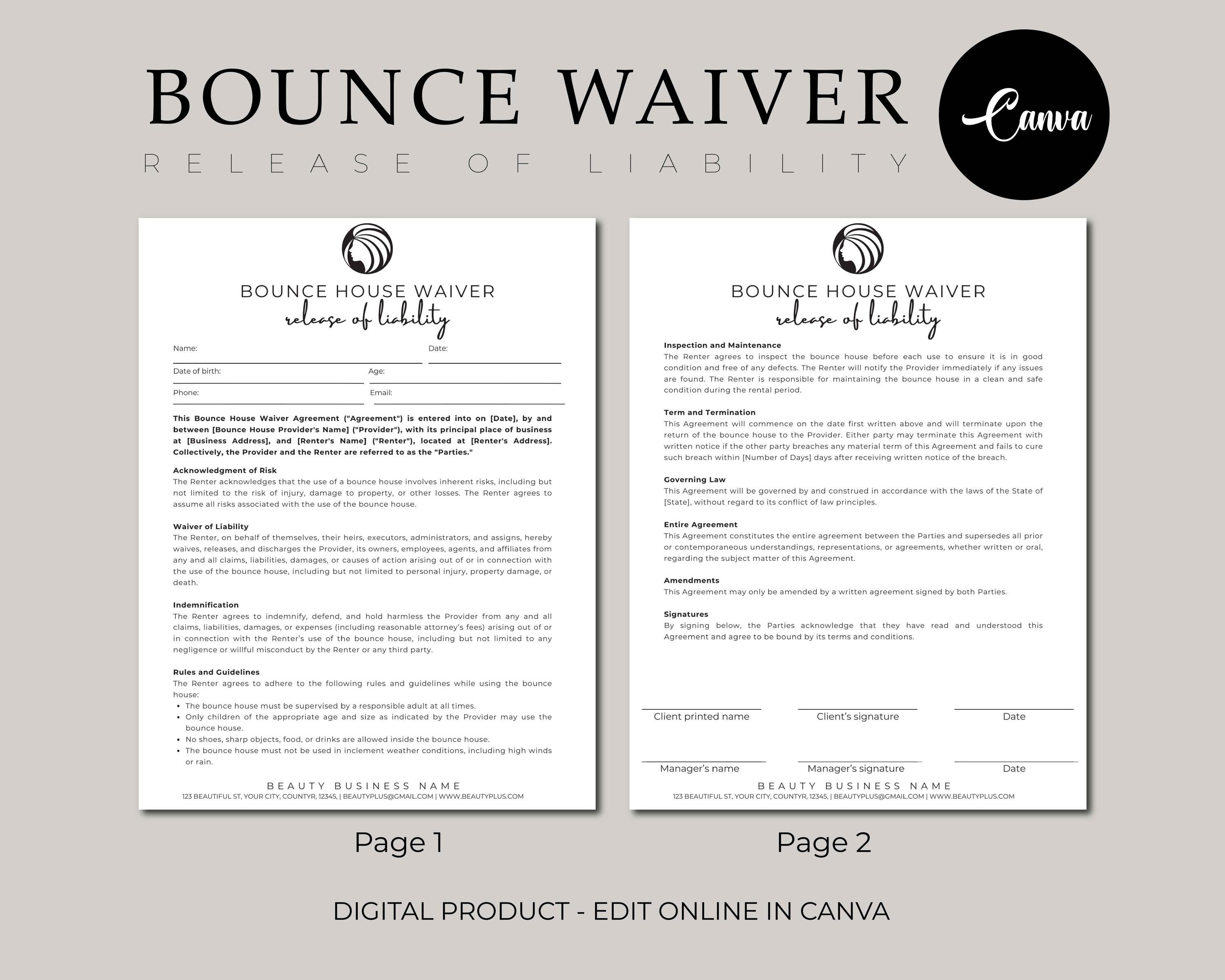 Bounce House Waiver Forms, Editable and Printable, Release of Liability ...