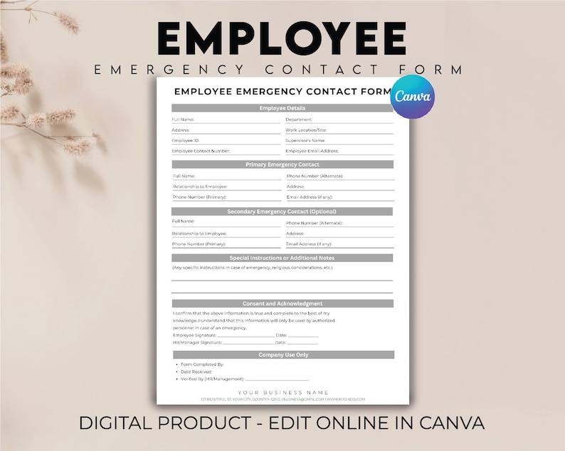 Employee Emergency Contact Form, New Employee Document, New Hire Form ...