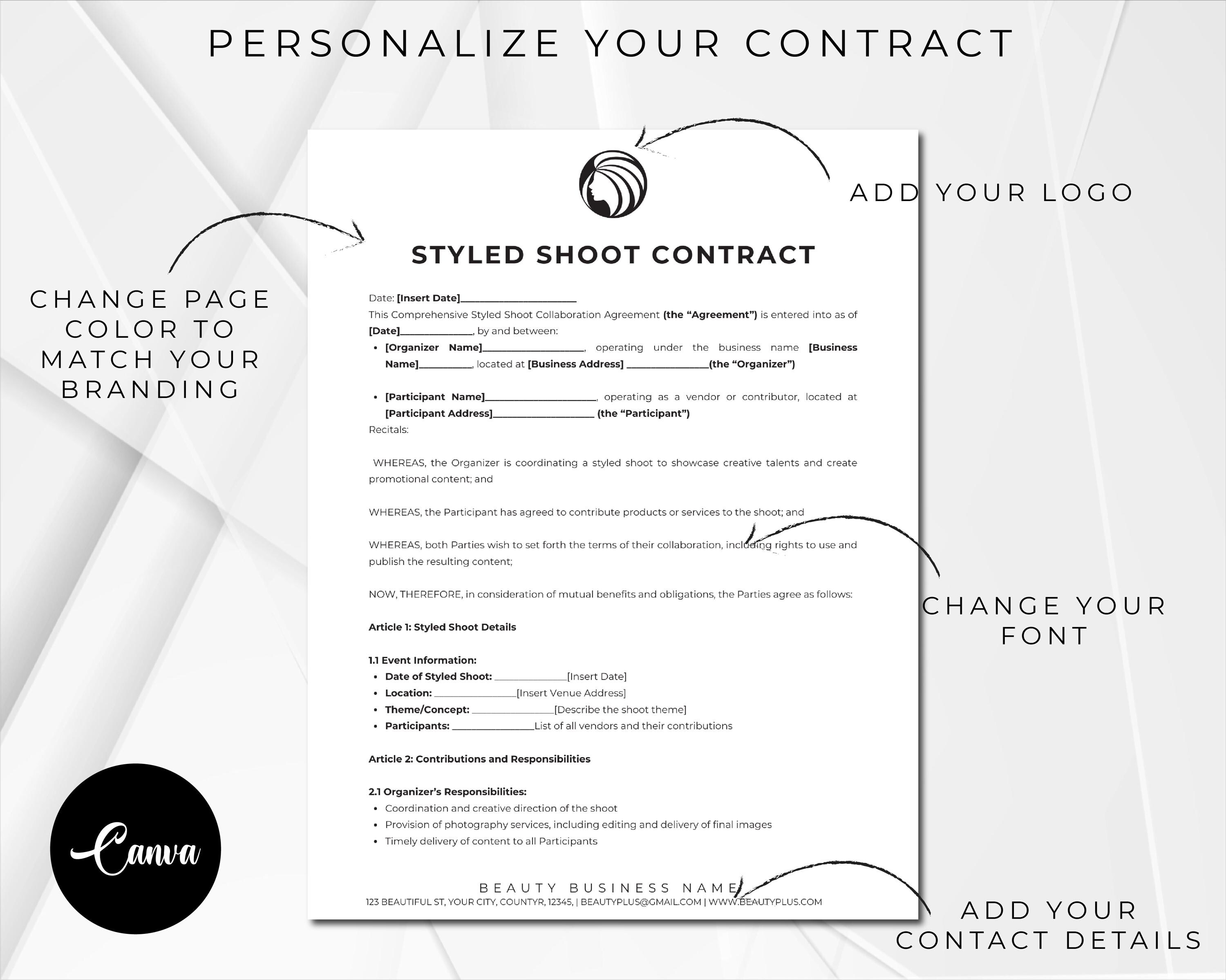 Styled Shoot Contract Template, Photo Shoot Contract, Styled Shoot ...