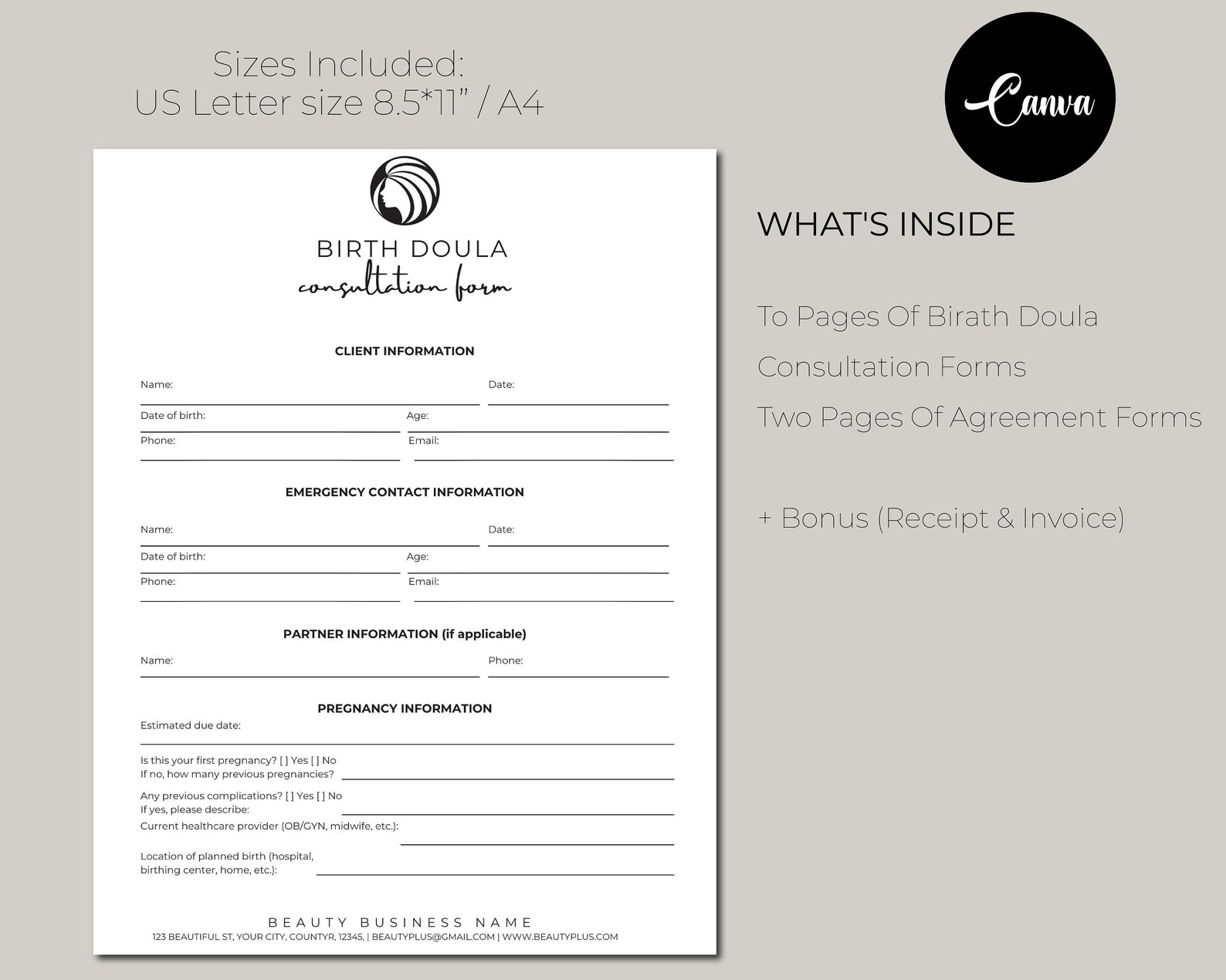 Doula Client Intake Forms Bundle, Editable Forms, Canva Template ...