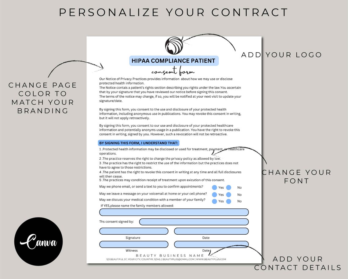 Editable HIPAA Consent Form Template, Medical Consent, New Patient Form ...