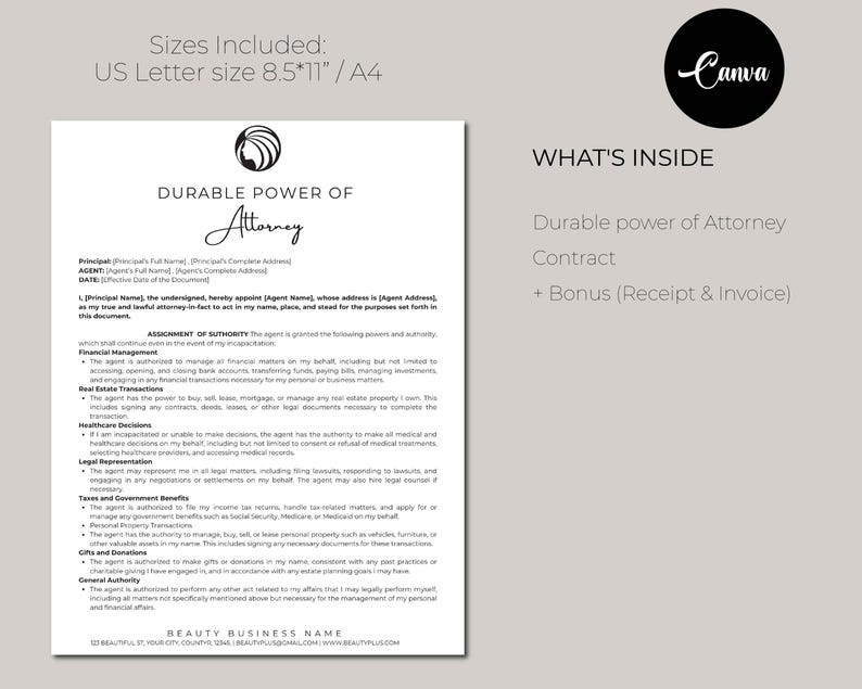 Durable Power of Attorney, Durable Power of Attorney Template, Editable ...