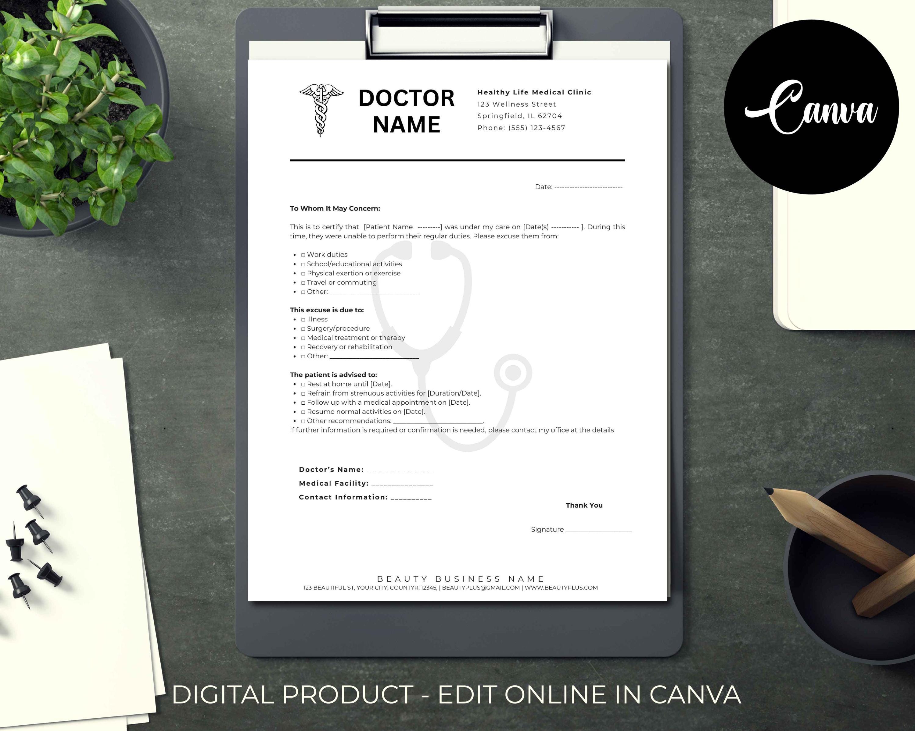 Editable Doctor Excuse Note for Work, Doctor Excuse Letter Form, School ...