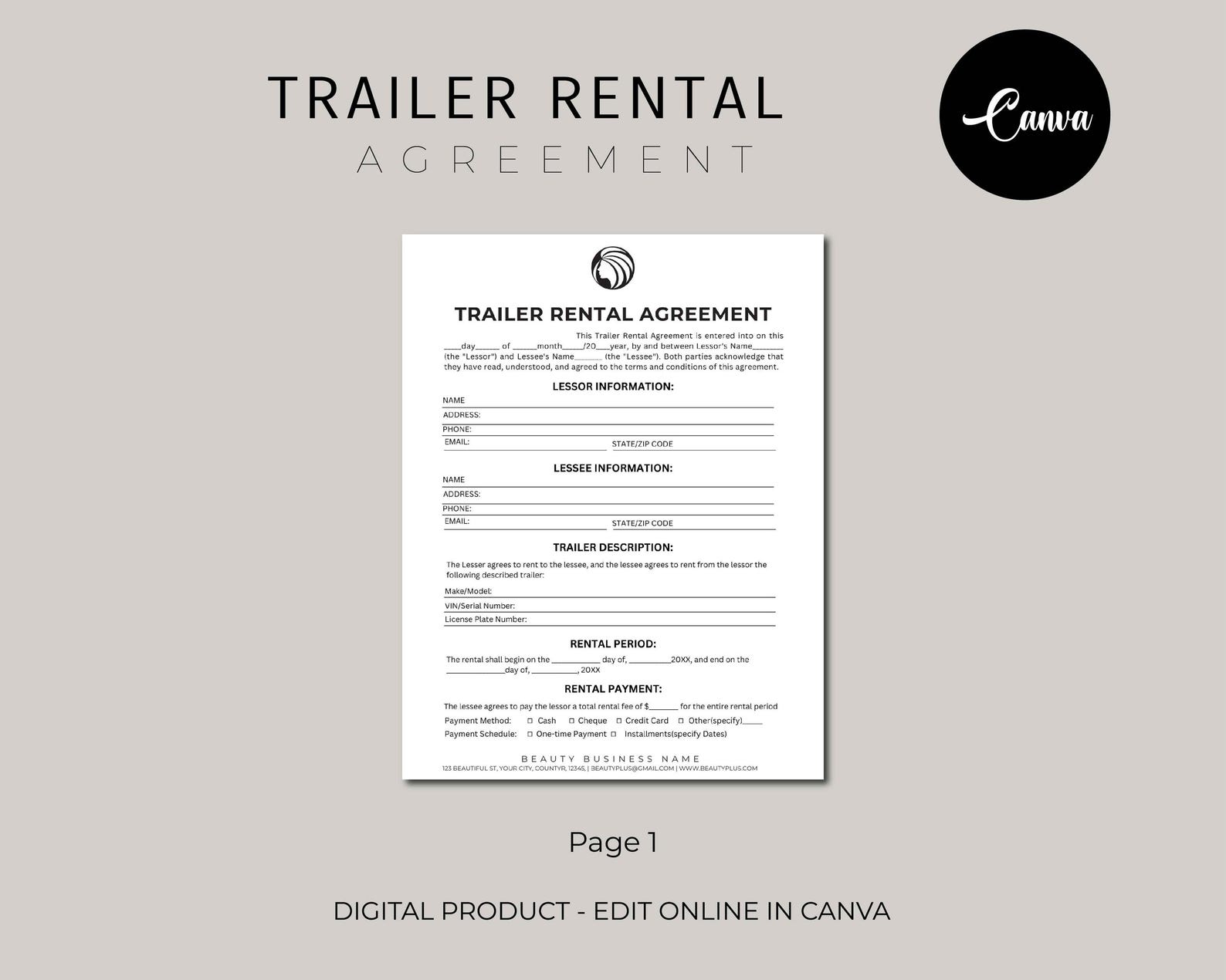 Trailer Rental Agreement, Canva Editable Contract, Trailer Lease ...