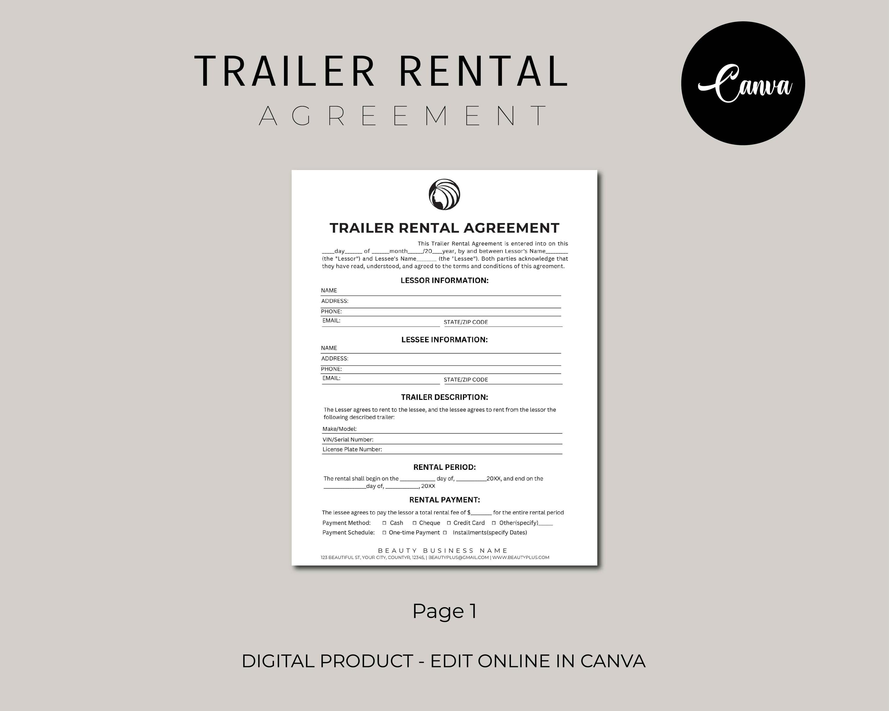 Trailer Rental Agreement, Canva Editable Contract, Trailer Lease ...