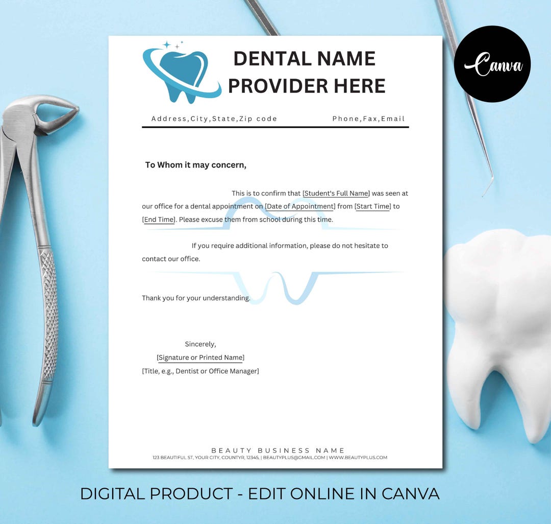 Editable Dentist Excuse Note, Note for Work & School Excuse Note, Dr ...