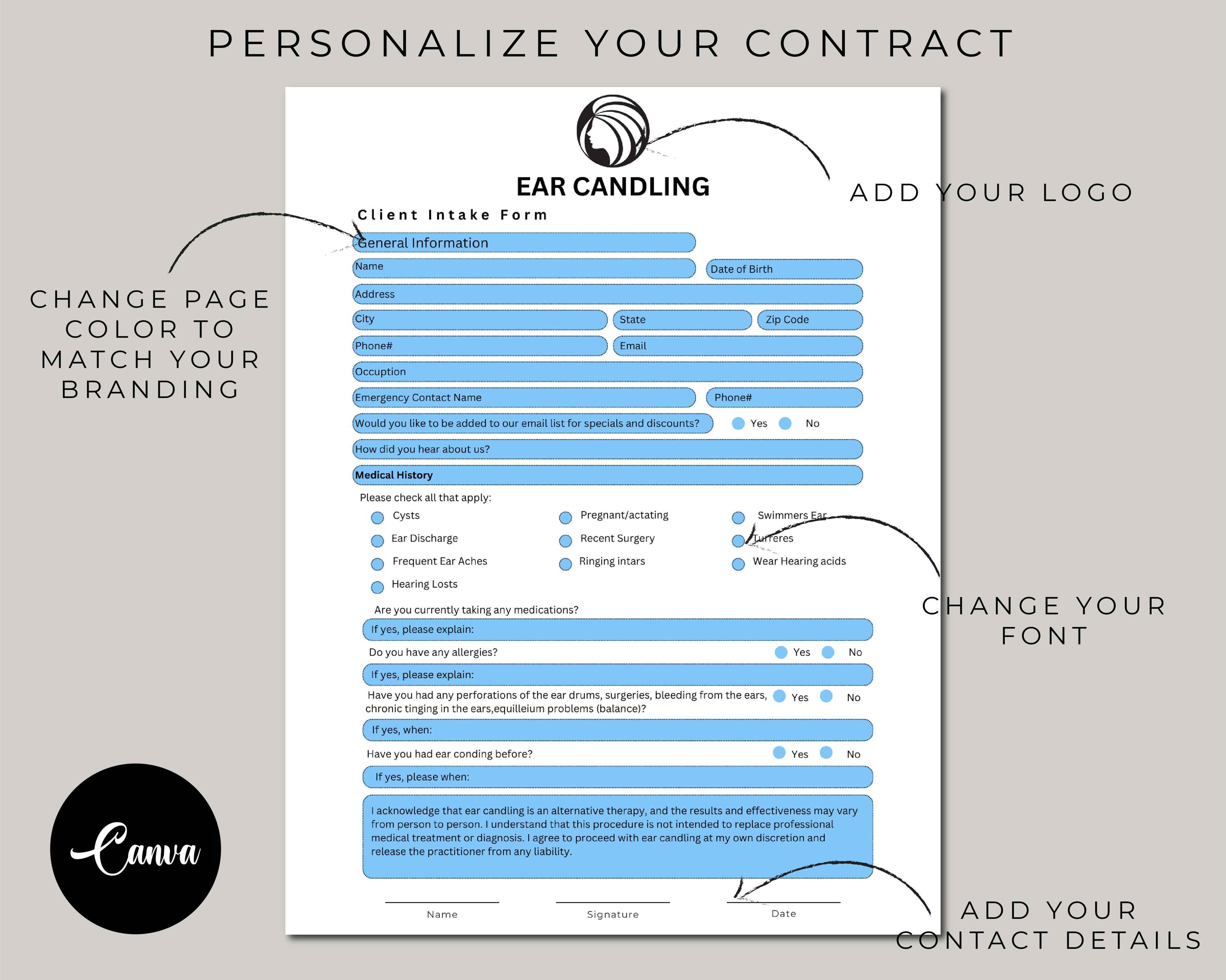 Ear Candling Intake Form, Consent Form, Editable Ear Candling Intake ...