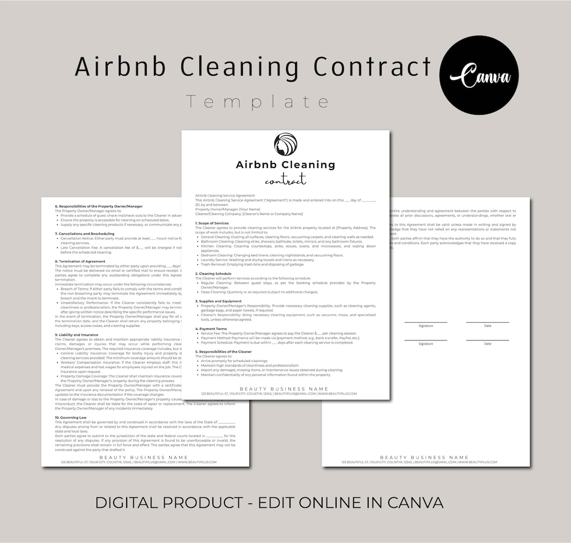 Airbnb Cleaning Contract Template PDF, Property Owners, Professional ...