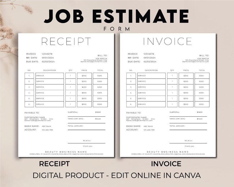 Job Estimate Template, Work Estimate Form, Editable Construction Bid ...
