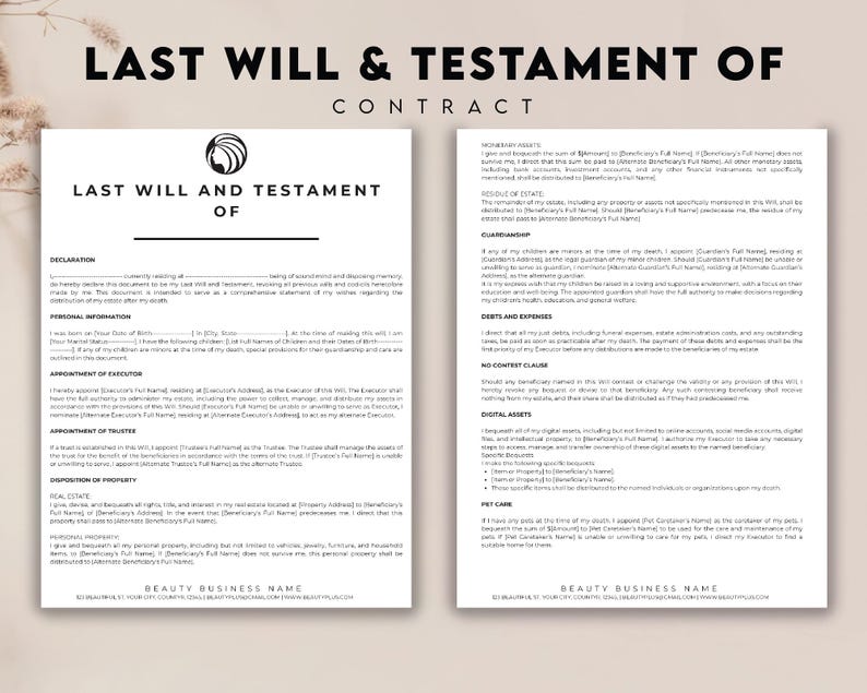 Last Will and Testament Template, Legal Testament Template, Legal Will ...