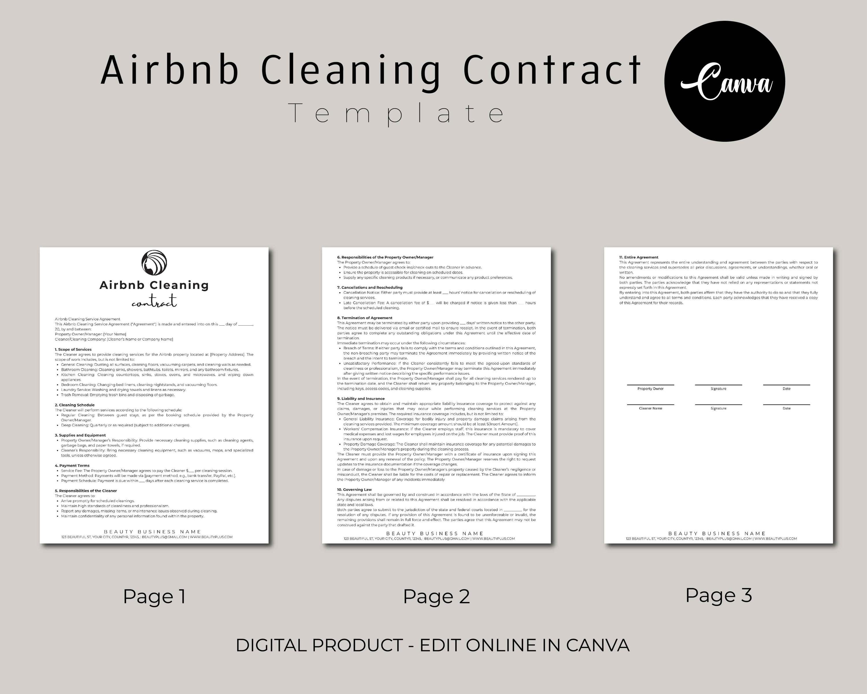 Airbnb Cleaning Contract Template PDF, Property Owners, Professional ...