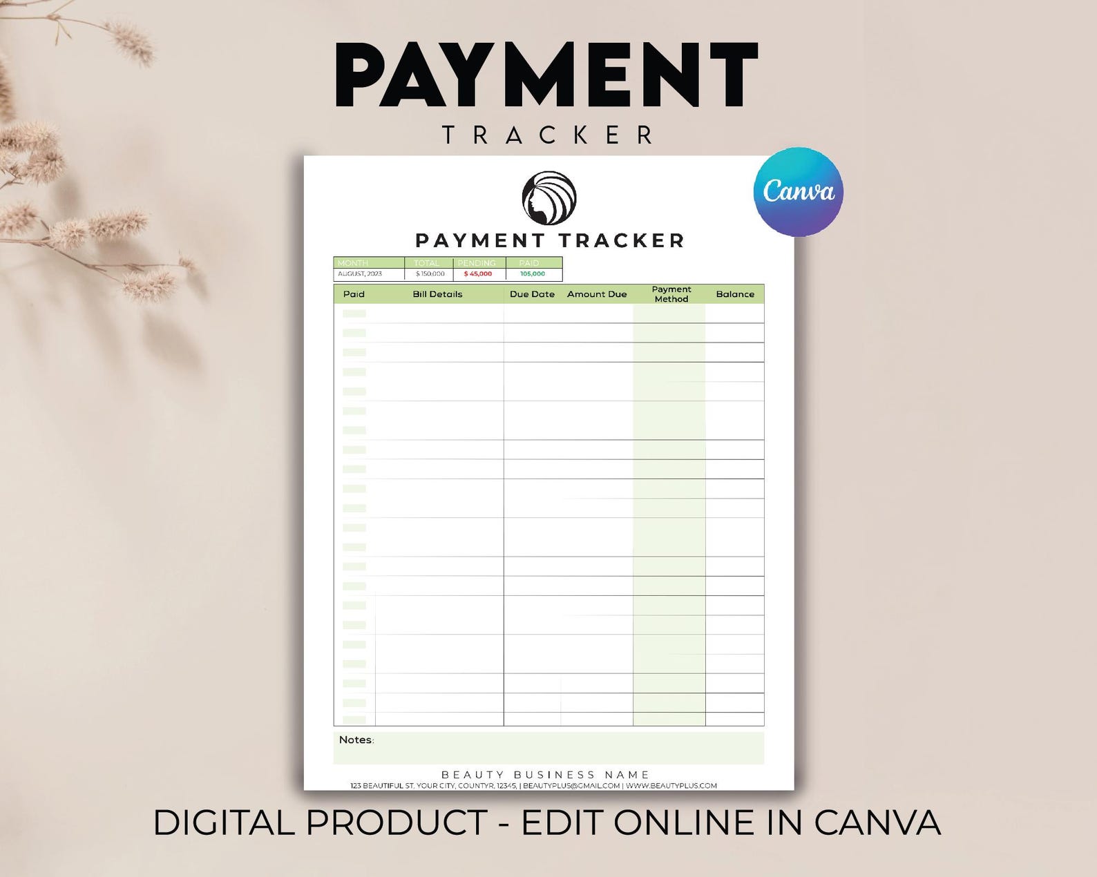 Payment Tracker Canva Template, Client Fee Payment Tracker, Printable ...