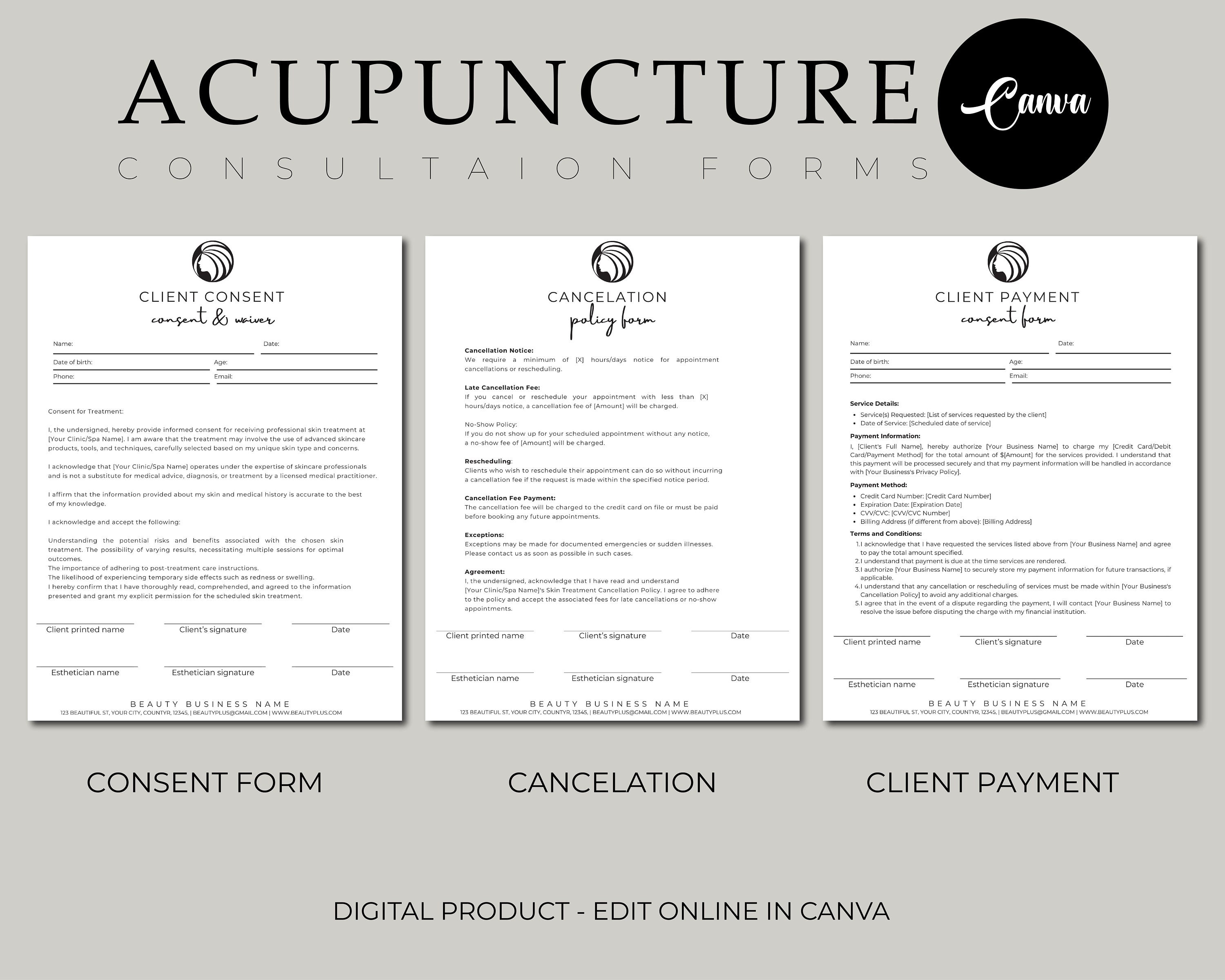 Editable Acupuncture Consultation & Consent Forms, Client Intake ...