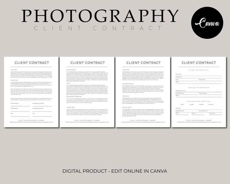 Photography Client Contract Template, Photography Forms, Client Agreement, Contract for ...
