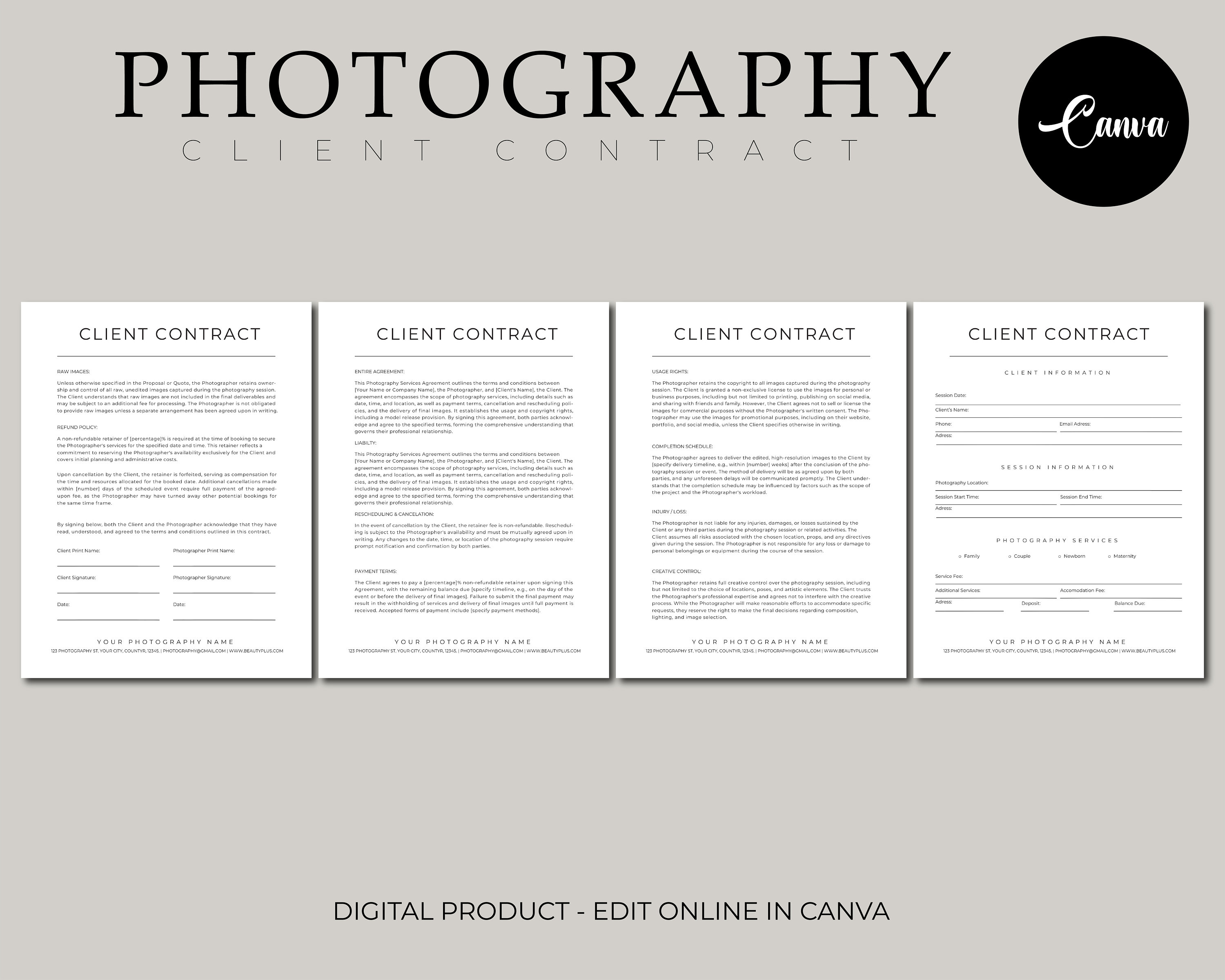 Photography Client Contract Template, Photography Forms, Client ...