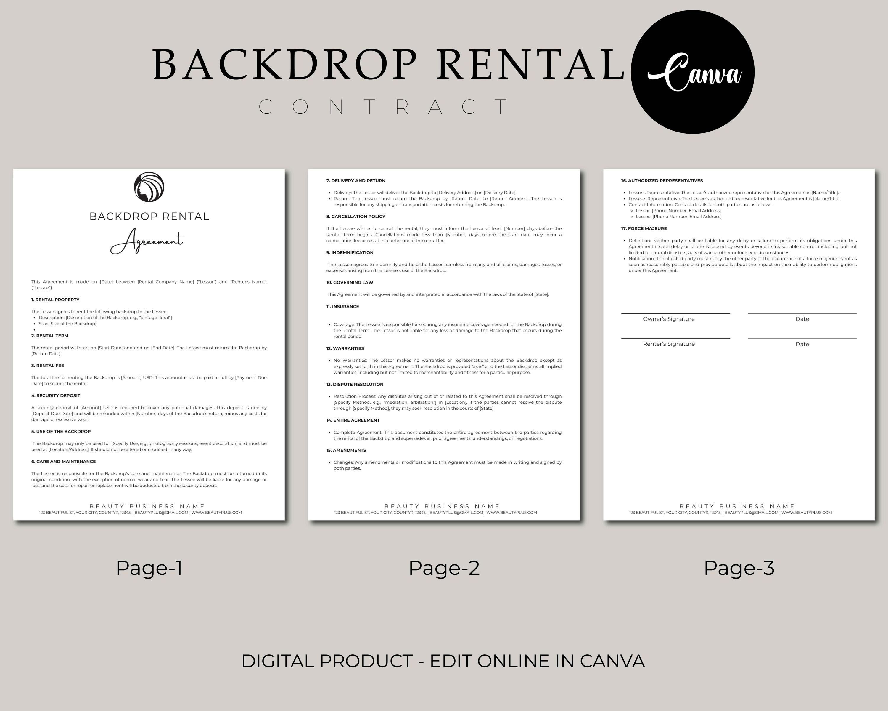 Professional Backdrop Rental Agreement, Backdrop Rental Contract ...