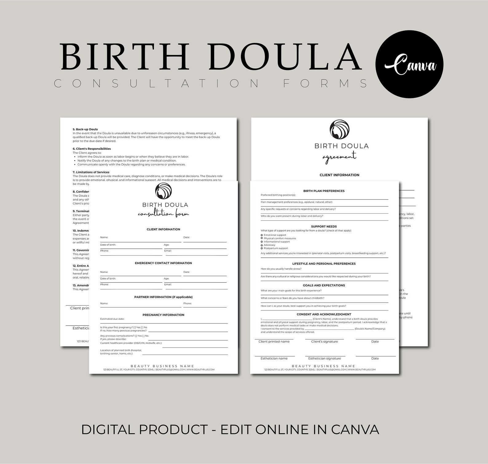Doula Client Intake Forms Bundle, Editable Forms, Canva Template ...