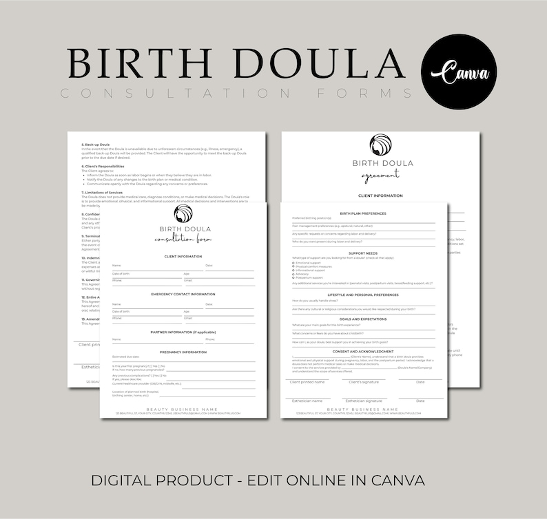 Doula Client Intake Forms Bundle, Editable Forms, Canva Template ...