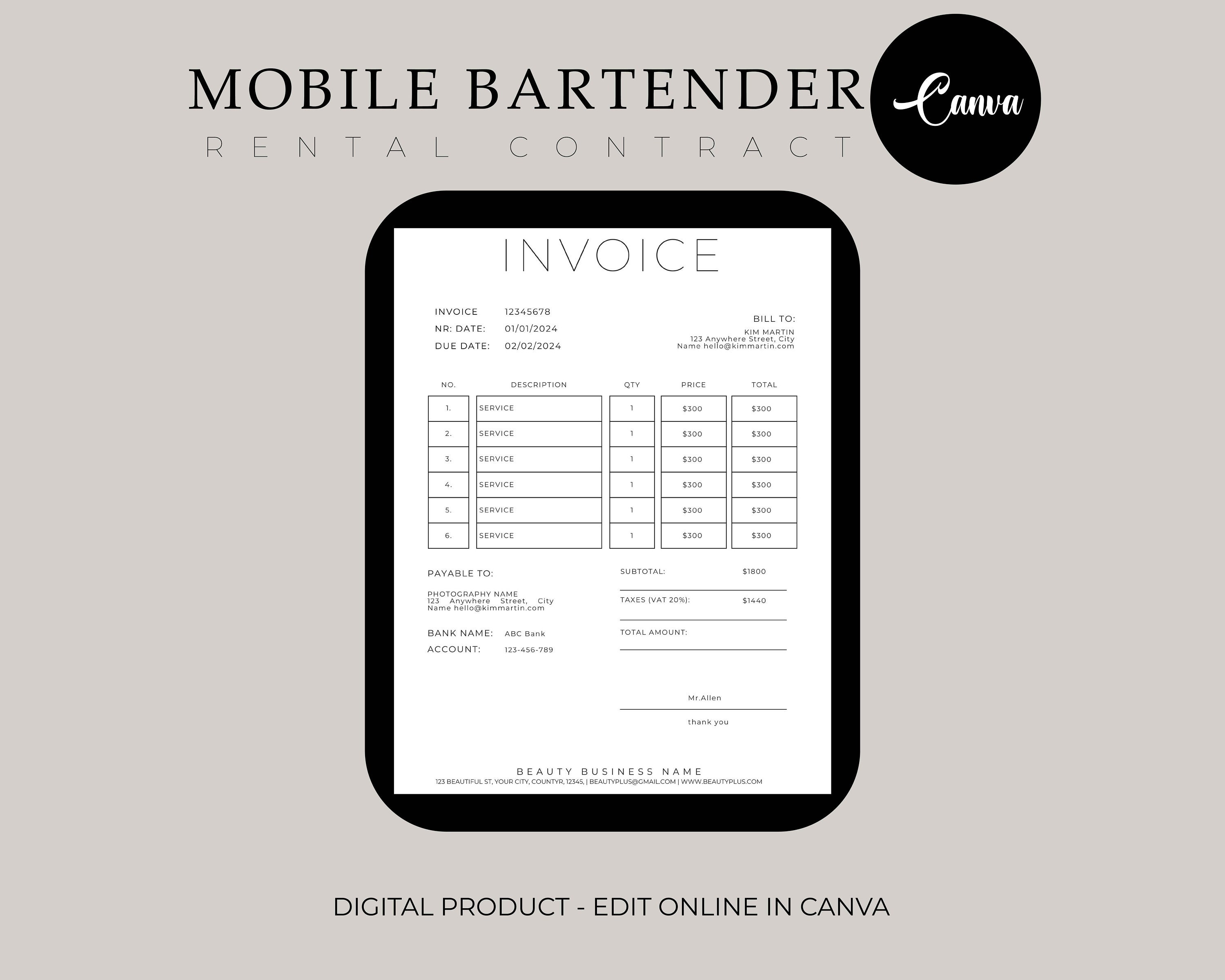 Mobile Bar Contract Template, Mobile Bar Service Contract Minimalist ...