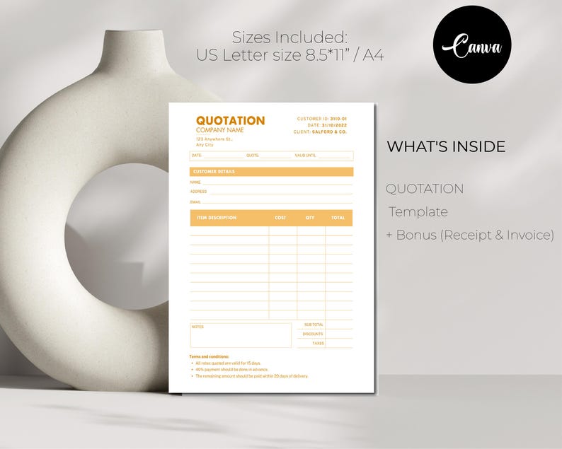 Quotation Template, Quote Form, Job Estimate Form, Invoice & Receipt ...