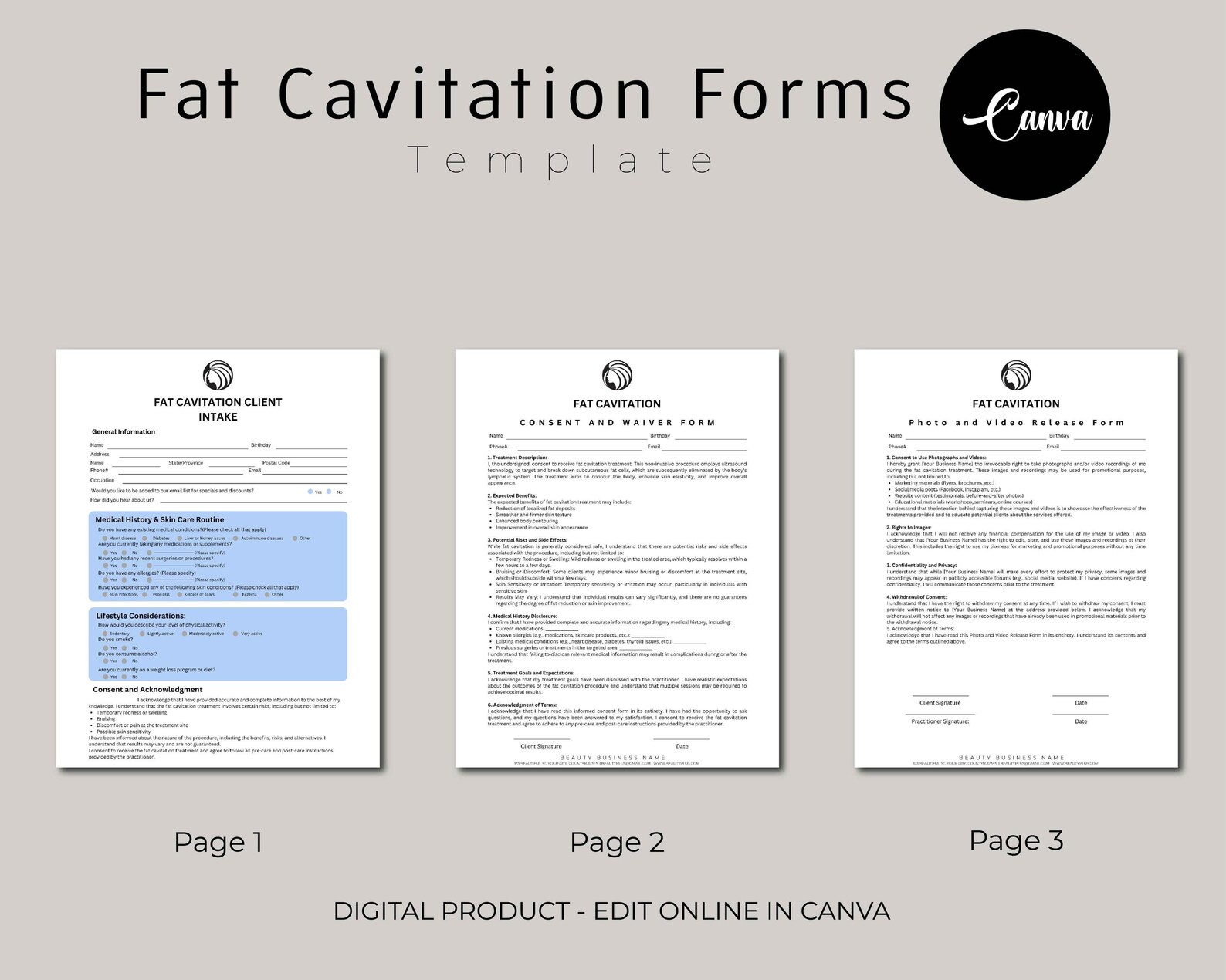 Fat Cavitation Form, Fat Cavitation Consent Form, Esthetician Business ...