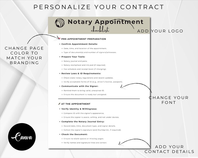 Editable Notary Appointment Checklist, Notary Public Templates, Notary ...
