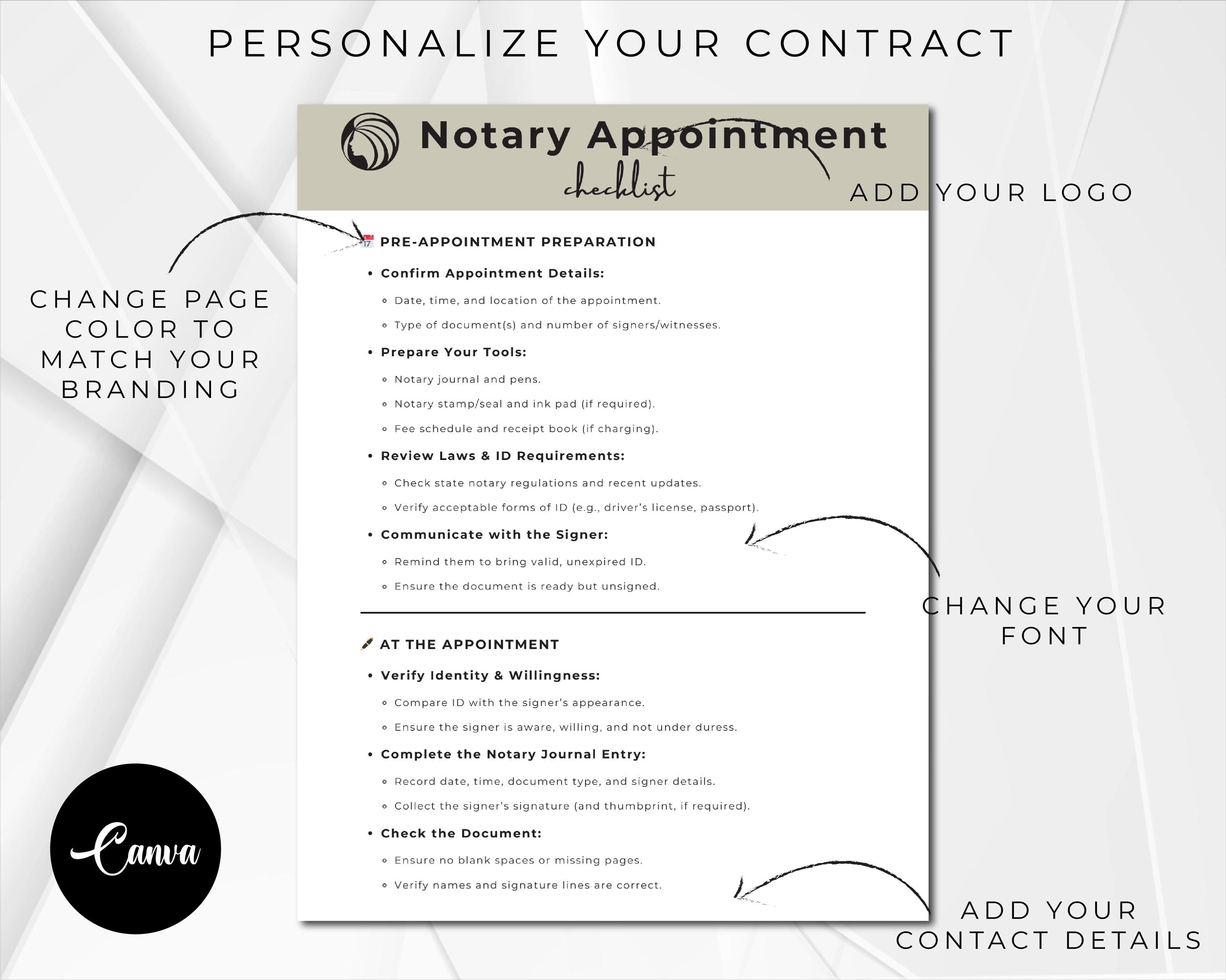 Editable Notary Appointment Checklist, Notary Public Templates, Notary ...