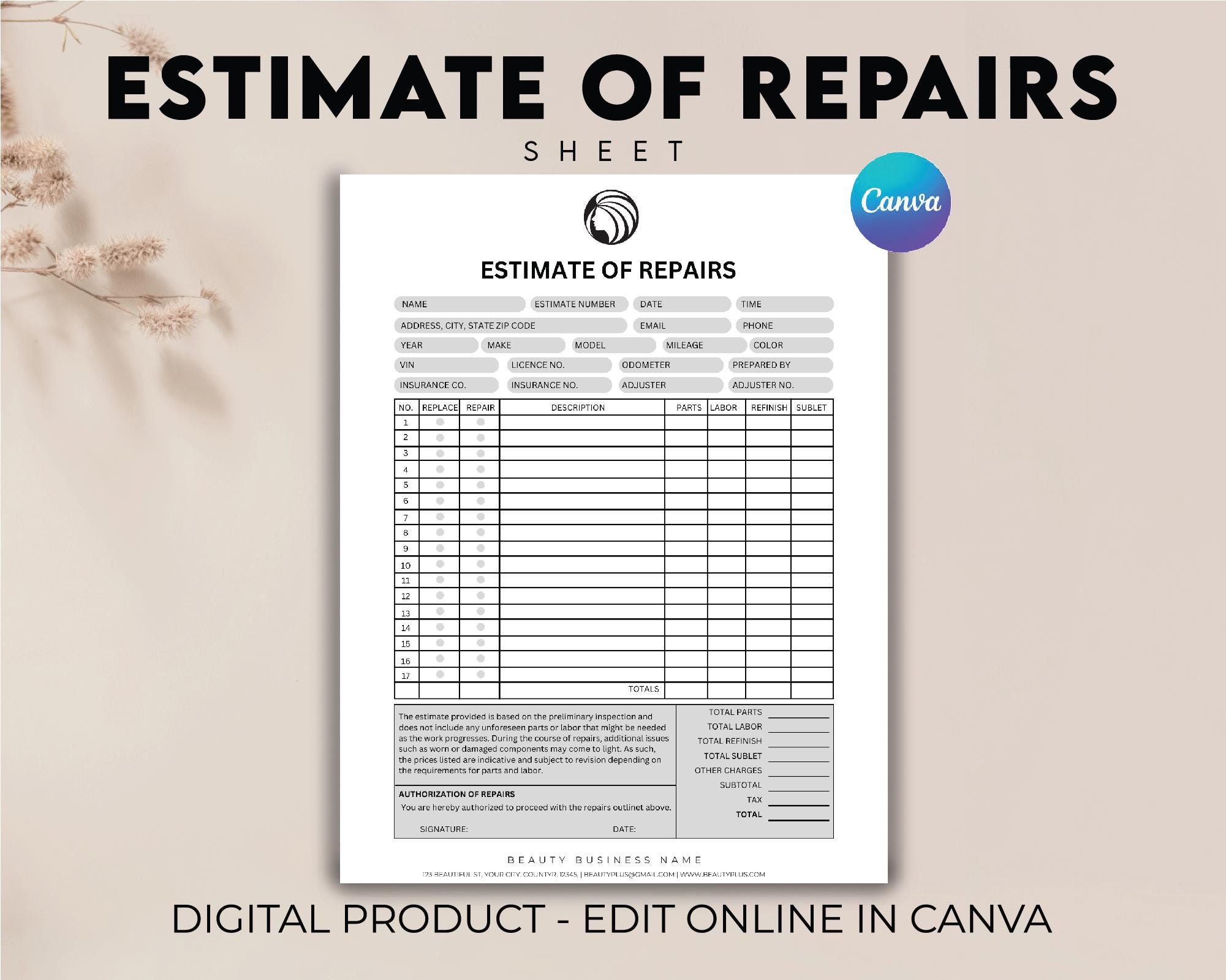 Auto Body Repair Invoice Template, Estimate and İnvoice Form ...