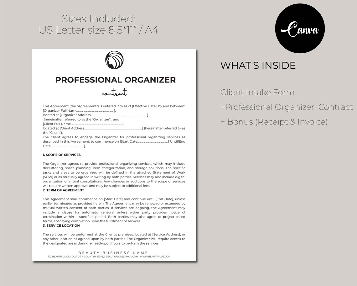 Editable Professional Organizer Contract Template, Organizing Service ...