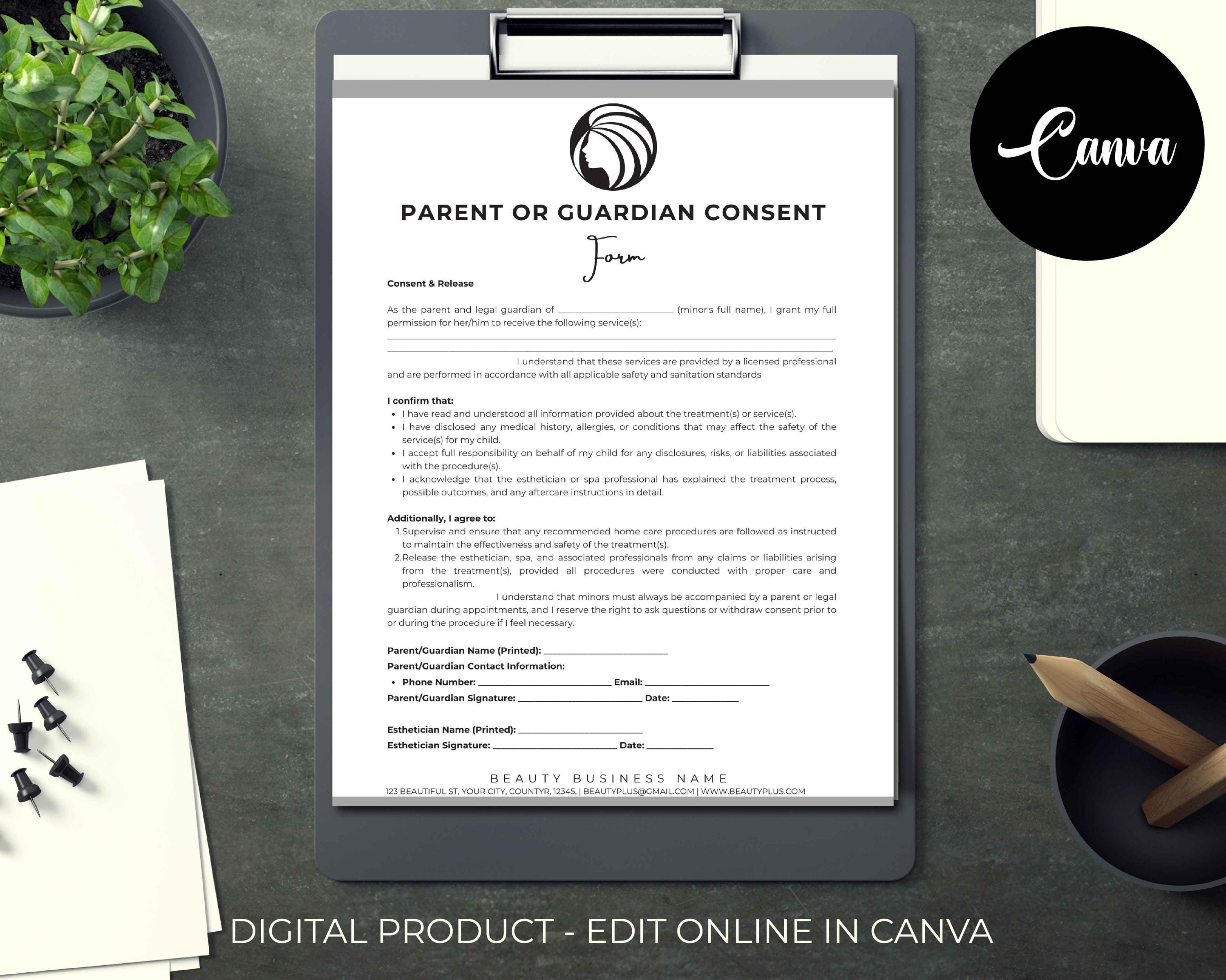 Parental Consent Form for Estheticians and Med Spas, Facials, Lashes ...