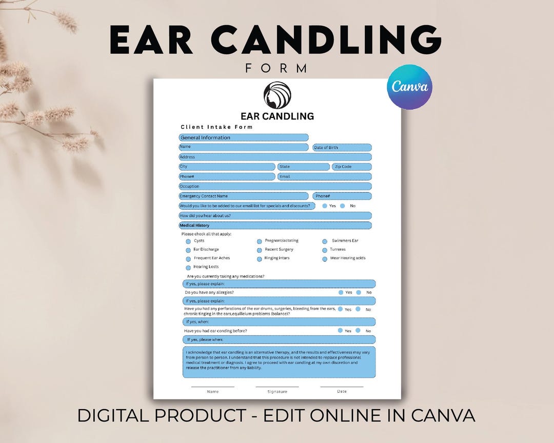 Ear Candling Intake Form, Ear Candling Treatment Forms, Invoice and ...