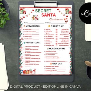 Editable Secret Santa Questionnaire, Gift Exchange Form, Christmas ...